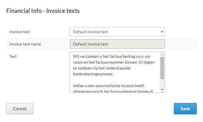 How do I change the texts that are included on invoices?